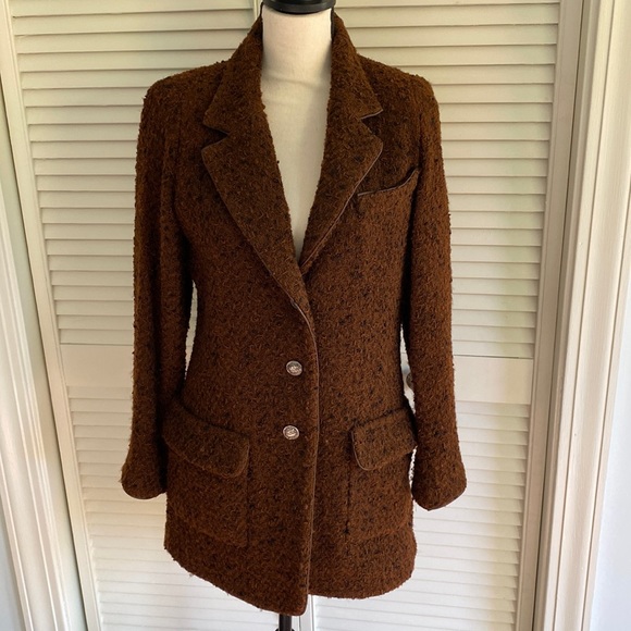 CHANEL | Jackets & Coats | Chanel Long Jacket Brown Tweed With Brown ...
